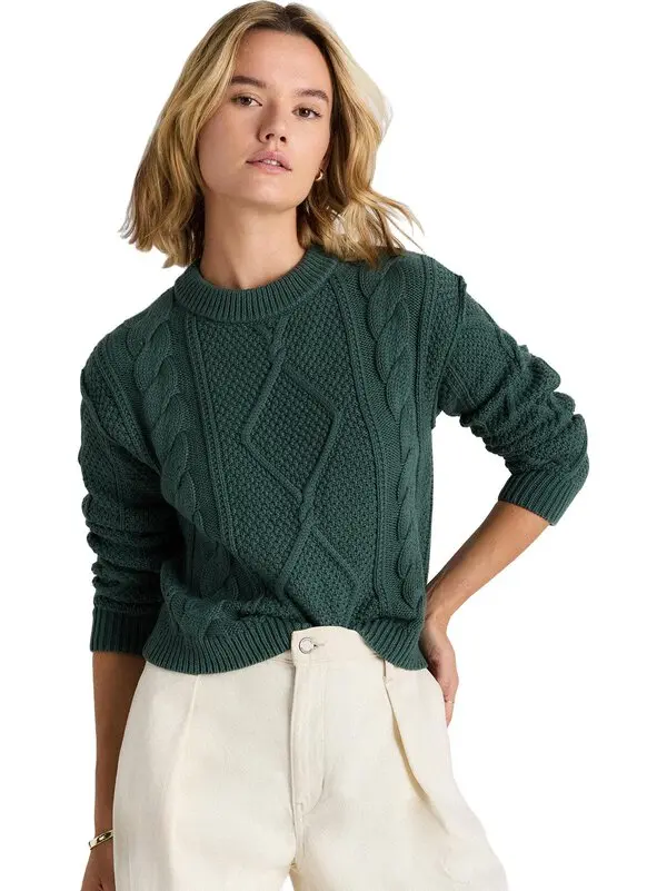 Quince Organic Cotton Cropped Cable Crew Sweater - Big Sur Green