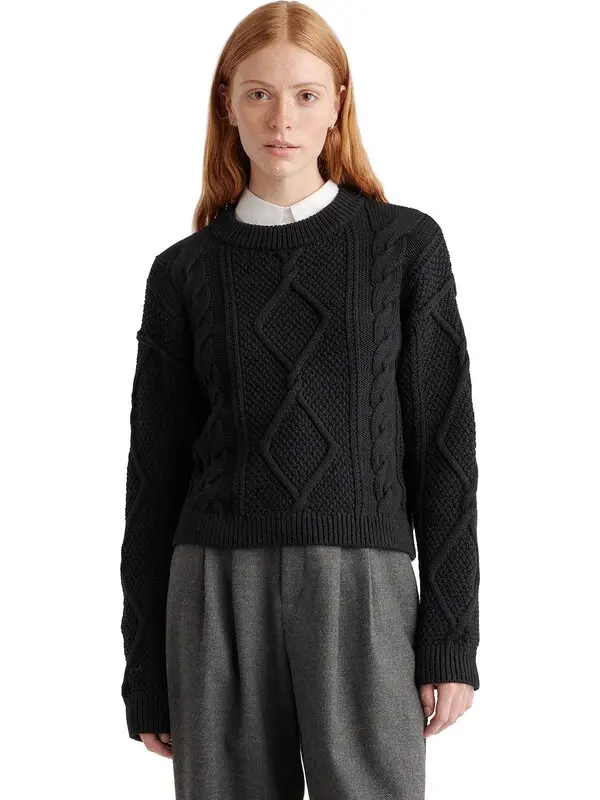 Quince Organic Cotton Cropped Cable Crew Sweater - Black