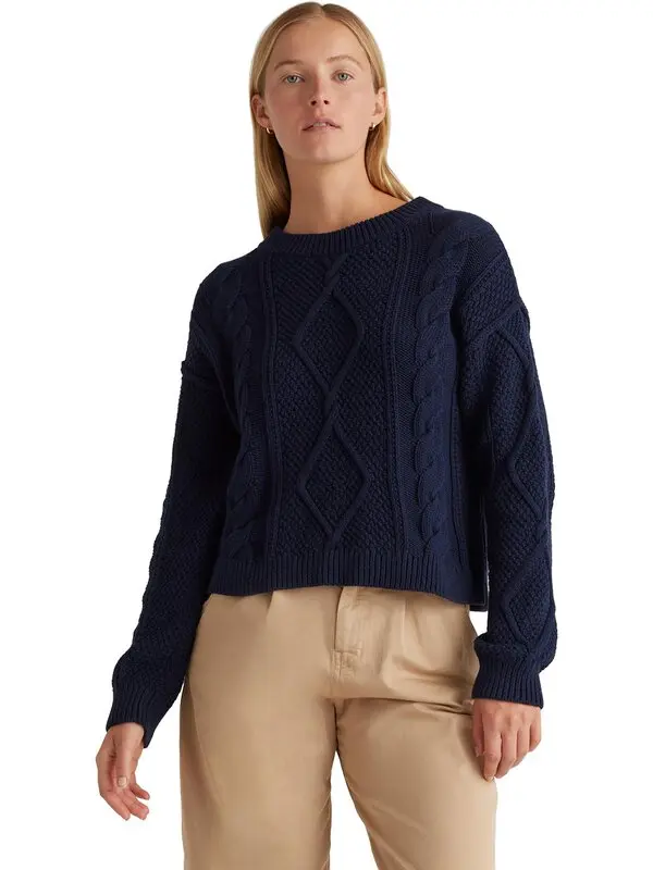 Quince Organic Cotton Cropped Cable Crew Sweater - Navy