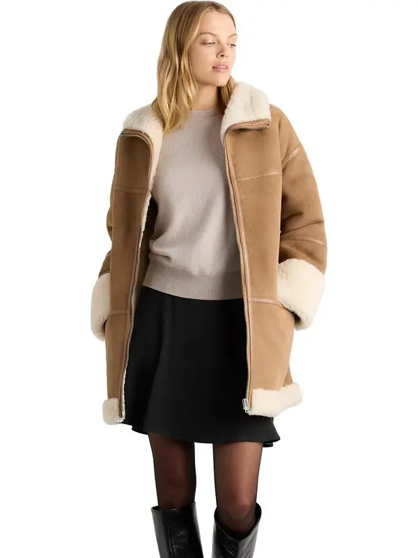 Quince 100% Shearling Long Coat - Fawn/off-white