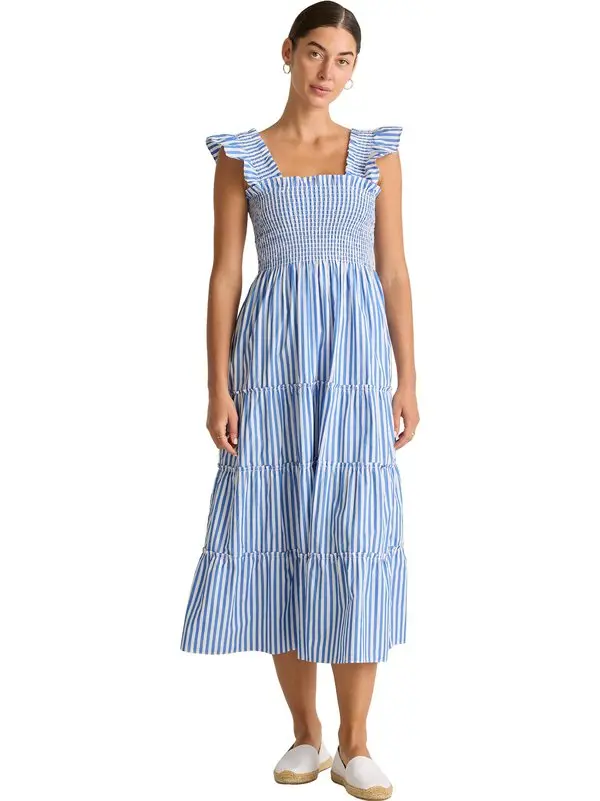Quince Poplin Smocked Midi Dress - Azure Stripe