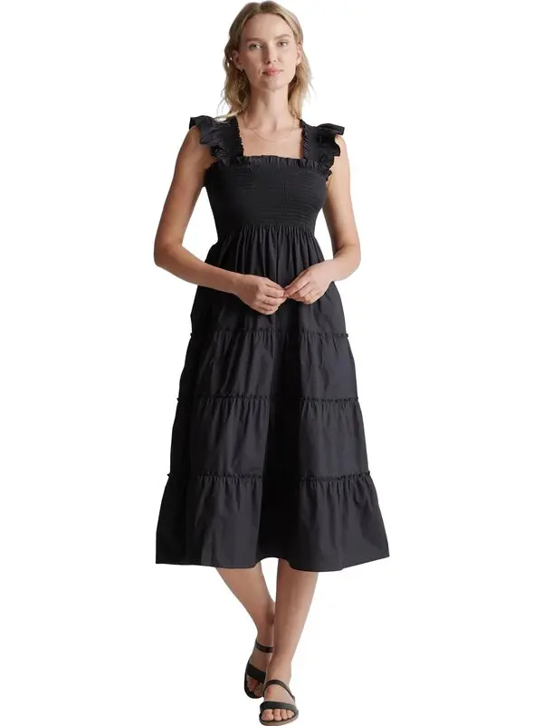 Quince Organic Cotton Poplin Smocked Midi Dress - Black