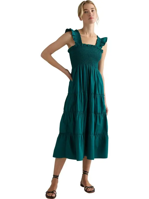 Quince Poplin Smocked Midi Dress - Garden Green