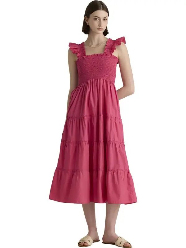 Quince Poplin Smocked Midi Dress - Lipstick Pink