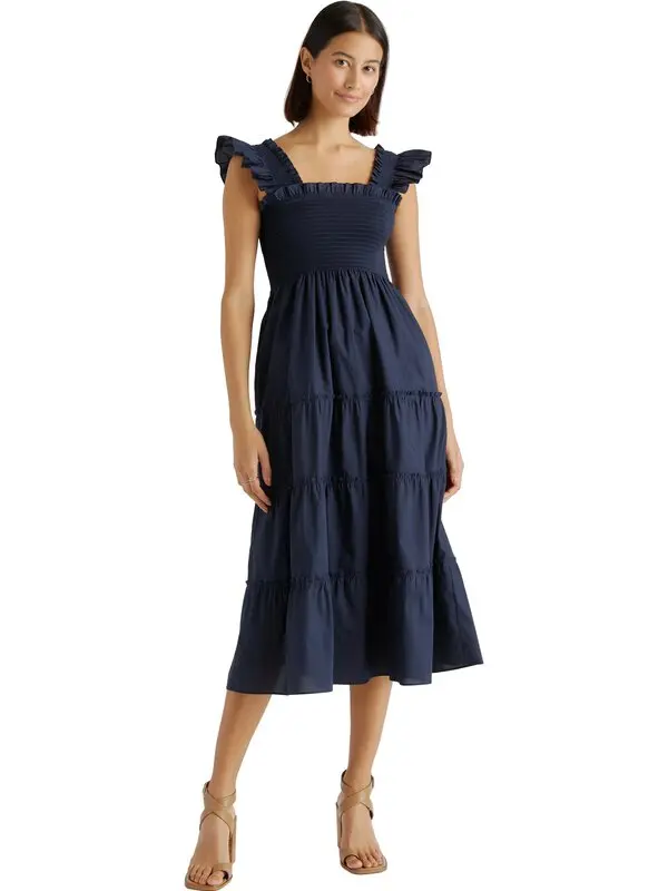 Quince Poplin Smocked Midi Dress - Navy