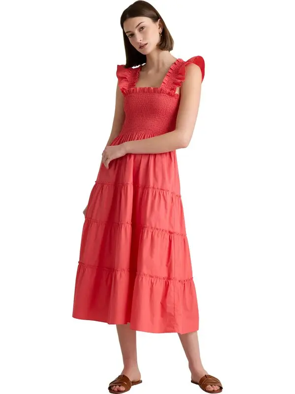 Quince Poplin Smocked Midi Dress - Spiced Coral