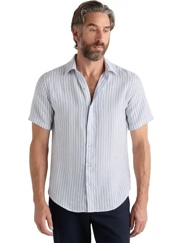 Quince 100% European Linen Relaxed Short Sleeve Shirt - Sky Blue Mariner Stripe