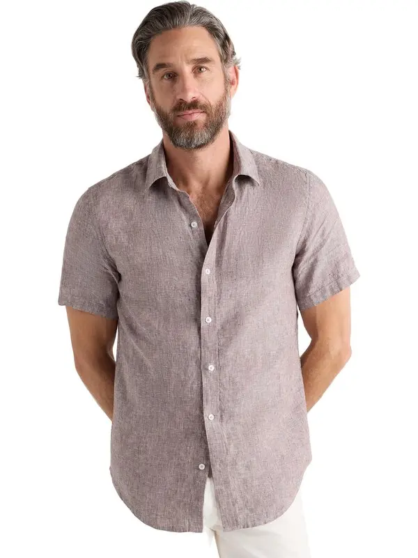 Quince 100% European Linen Relaxed Short Sleeve Shirt - Taupe Brown Chambray
