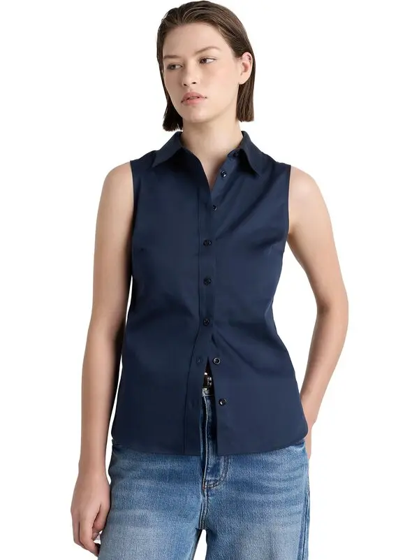 Quince Organic Stretch Cotton Tailored Sleeveless Shirt - Solid Navy