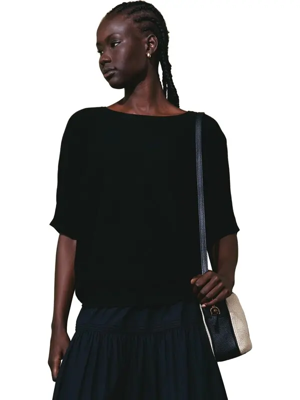 Quince Lightweight Cotton Cashmere Link-stitch Dolman Sweater - Black