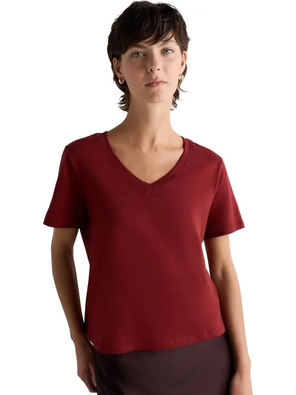Quince Boxy V-neck T-shirt - Deep Brick Red