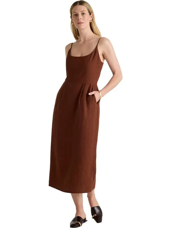 Quince 100% European Linen Scoop Neck Midi Dress - Chocolate