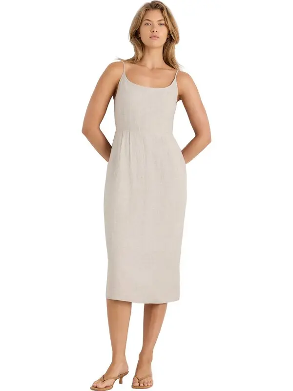 Quince 100% European Linen Scoop Neck Midi Dress - Flax