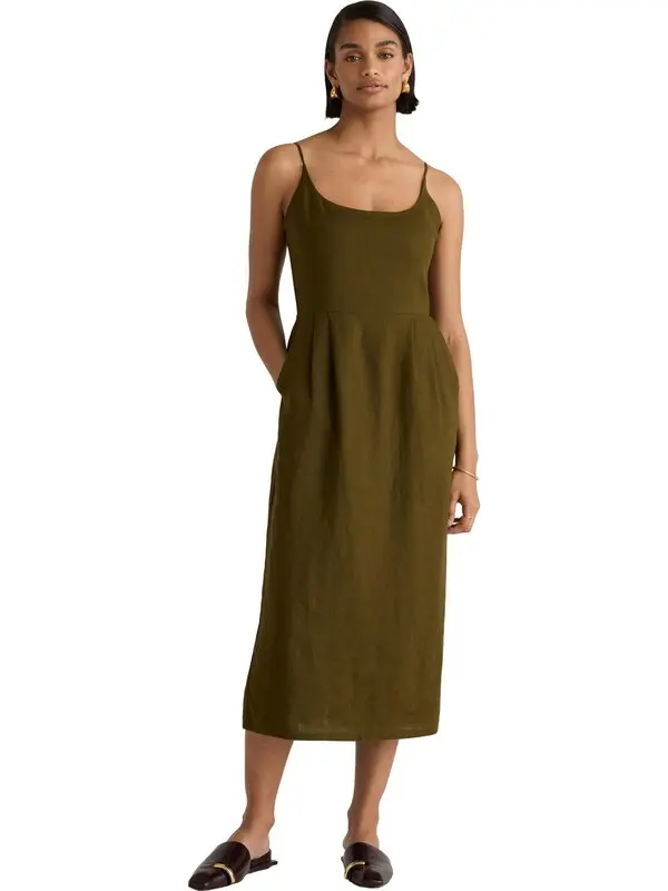 Quince 100% European Linen Scoop Neck Midi Dress - Martini Olive
