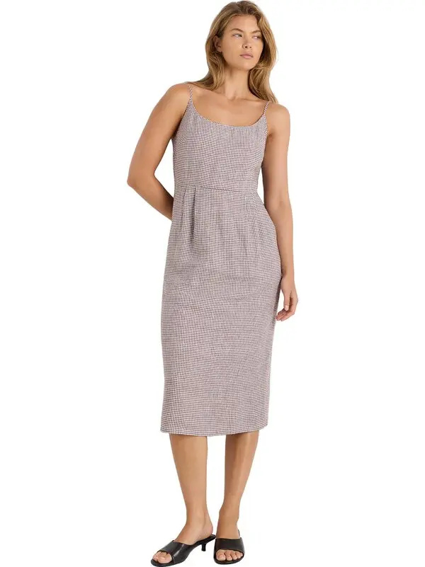 Quince 100% European Linen Scoop Neck Midi Dress - Taupe Brown Gingham
