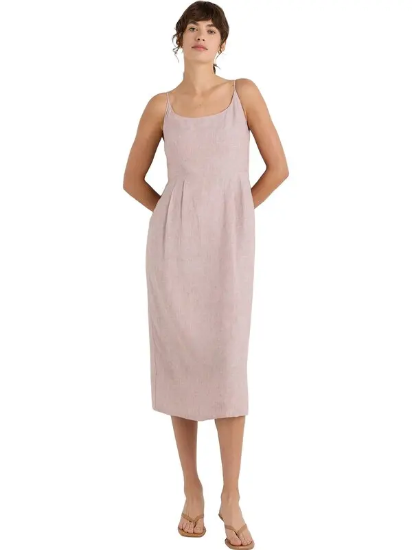 Quince 100% European Linen Scoop Neck Midi Dress - Vintage Pink Chambray