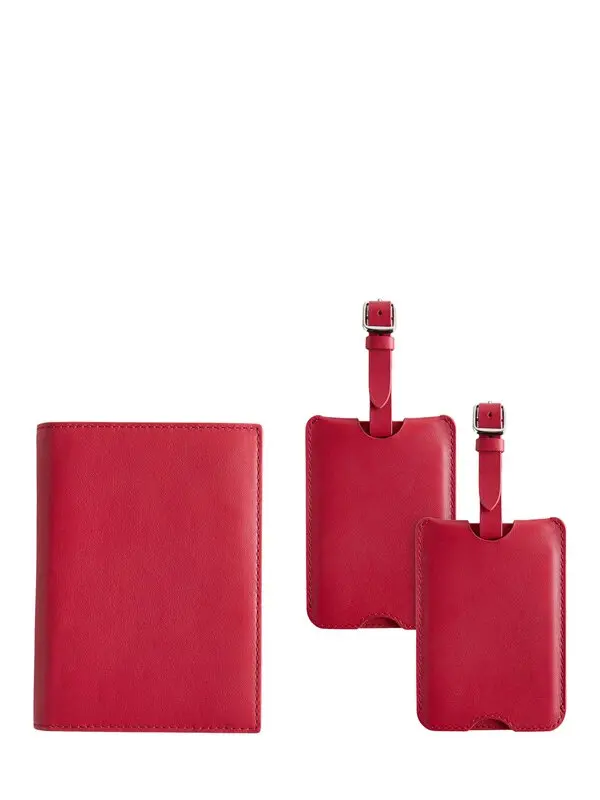 Quince Nappa Leather Rfid Blocking Passport Holder & Luggage Tags Set - Cherry Red