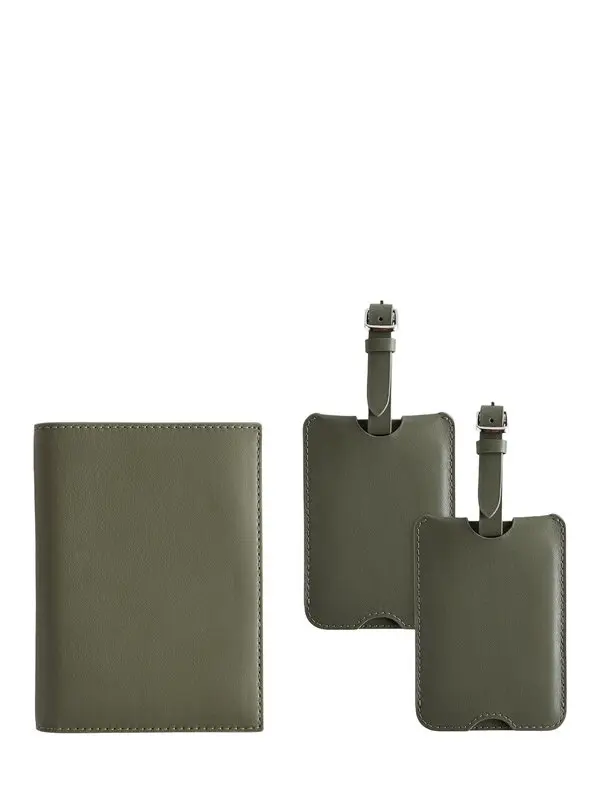 Quince Nappa Leather Rfid Blocking Passport Holder & Luggage Tags Set - Olive