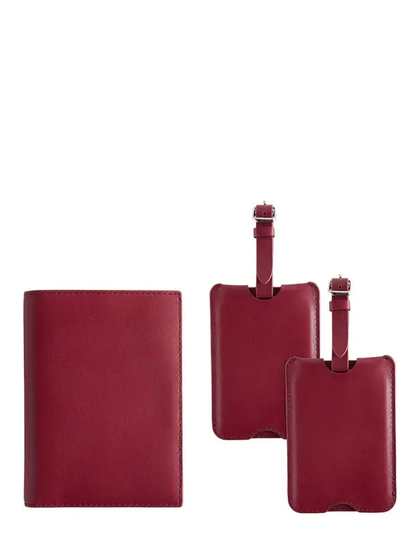 Quince Nappa Leather Rfid Blocking Passport Holder & Luggage Tags Set - Wine