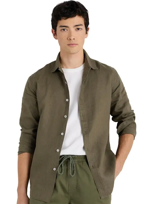 Quince 100% European Linen Relaxed Long Sleeve Shirt - Bayberry Olive