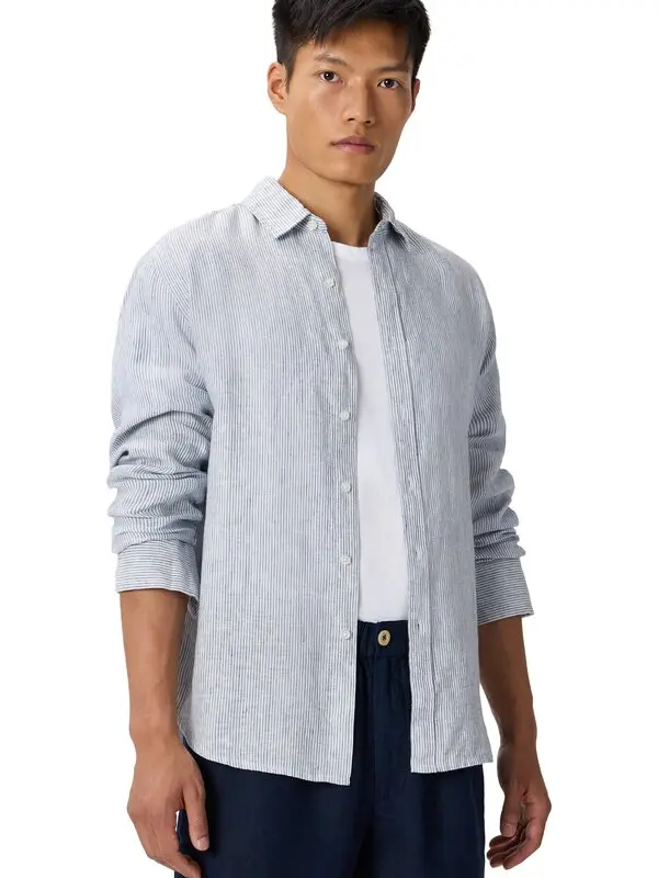 Quince 100% European Linen Relaxed Long Sleeve Shirt - Blue Pinstripe