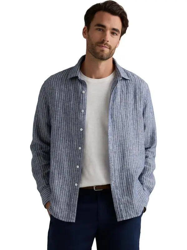 Quince 100% European Linen Relaxed Long Sleeve Shirt - Chambray Stripe