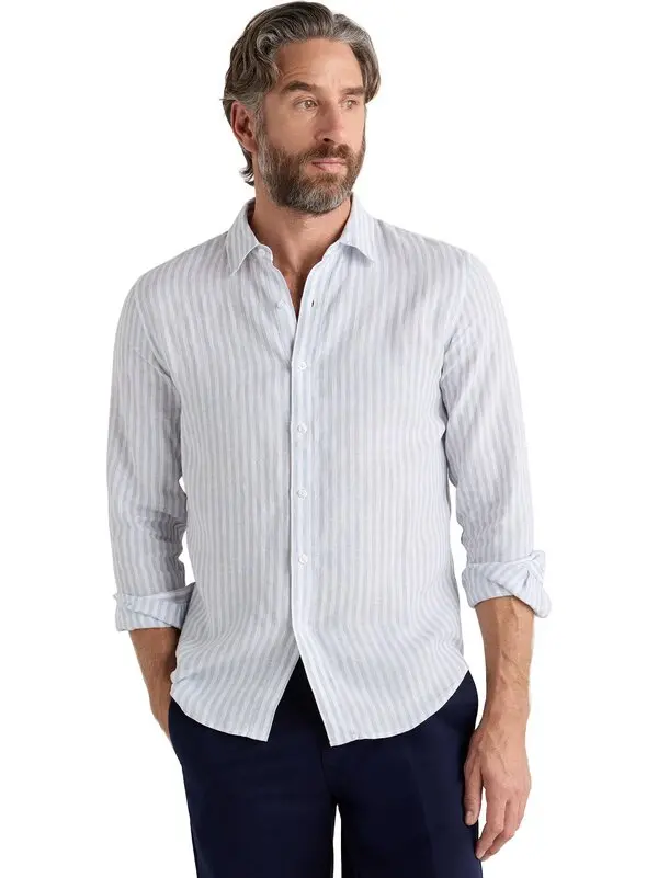 Quince 100% European Linen Relaxed Long Sleeve Shirt - Sky Blue Mariner Stripe