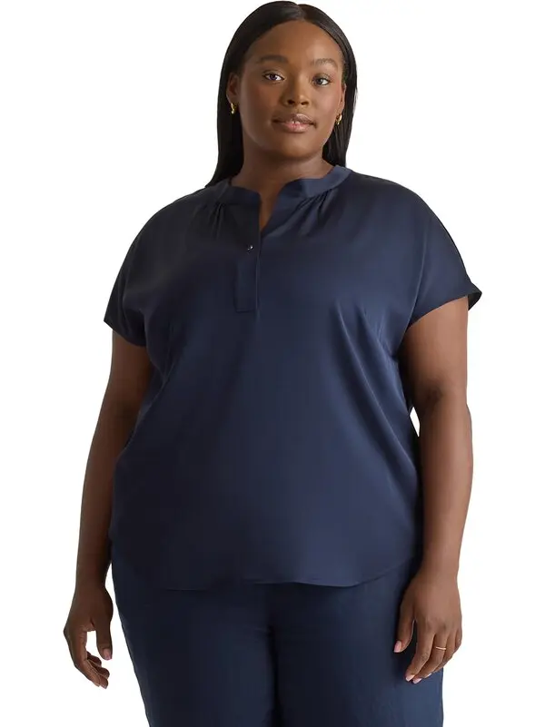 Quince Washable Stretch Silk Dolman Sleeve Blouse - Navy