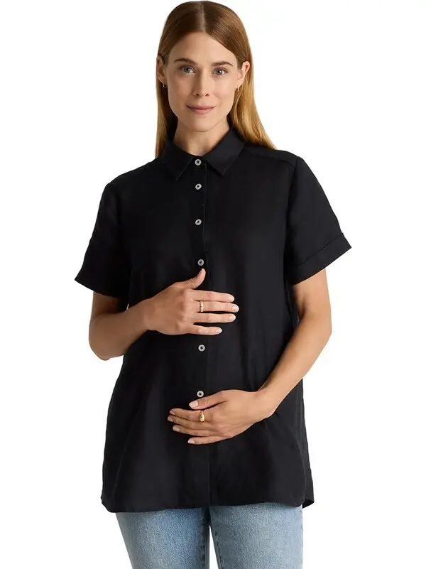 Quince European Linen Maternity Camp Shirt - Black
