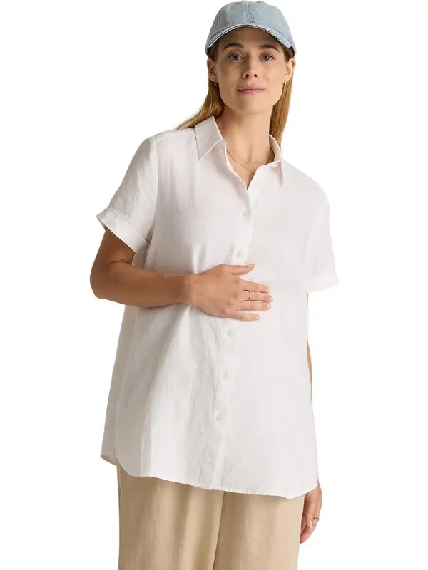 Quince 100% European Linen Maternity Camp Shirt - White