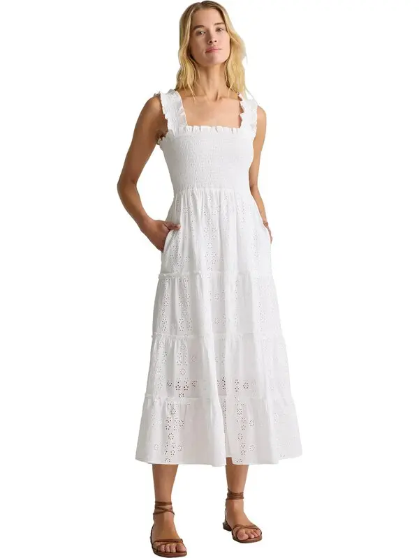 Quince Eyelet Smocked Midi Dress - White