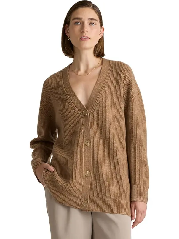 Quince Mongolian Cashmere Oversized Boyfriend Cardigan Sweater - Teak