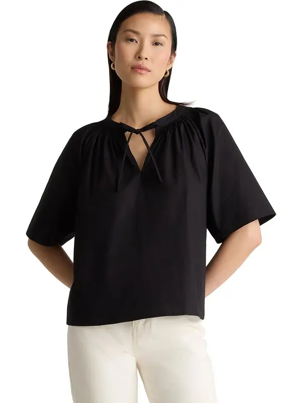 Quince Poplin Split Neck Top - Black