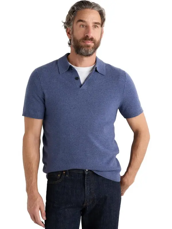 Quince Cashmere Short Sleeve Polo Sweater - Heather Storm Blue