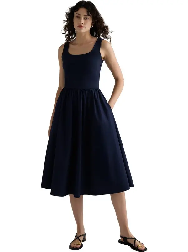 Quince Cotton Blend Fit And Flare Tank Dress - Navy