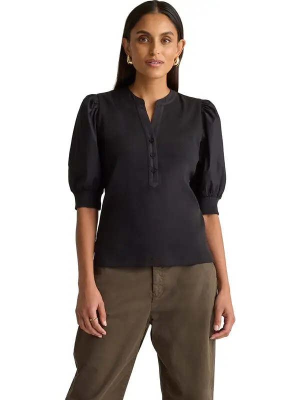 Quince Cotton Mixed Media Puff Sleeve Top - Black