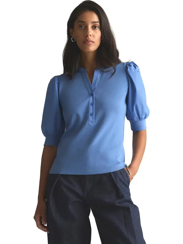 Quince Cotton Mixed Media Puff Sleeve Top - True Blue