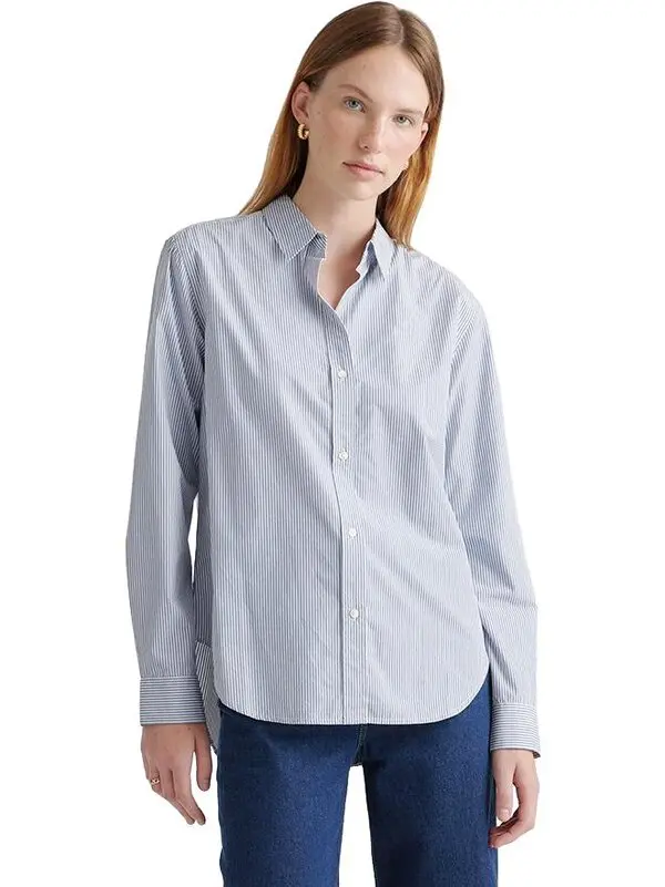 Quince Organic Cotton Poplin Long Sleeve Shirt - Light Blue Stripe