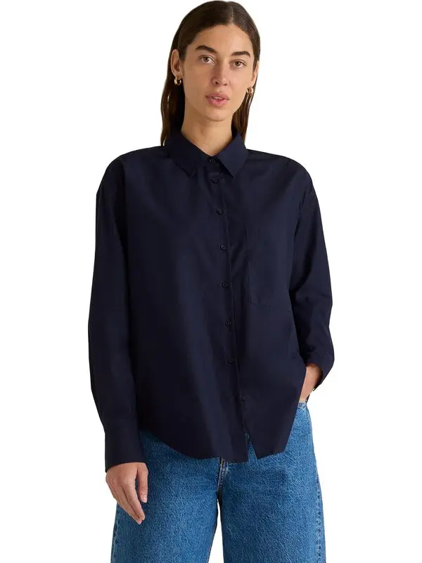 Quince Organic Cotton Poplin Boyfriend Shirt - Navy