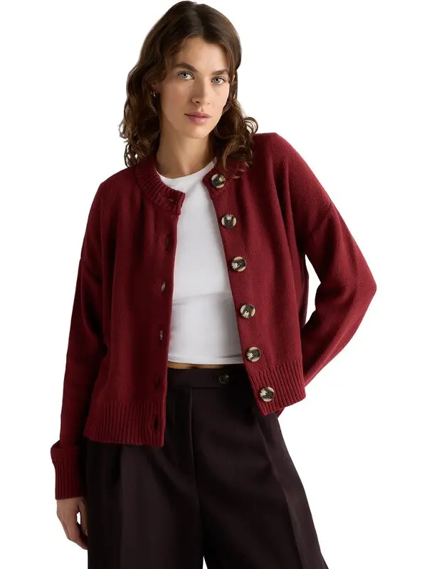 Quince Cropped Organic Cotton Cardigan Sweater - Deep Brick Red
