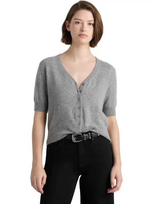 Quince Cashmere Short Sleeve Cardigan Sweater - Heather Grey