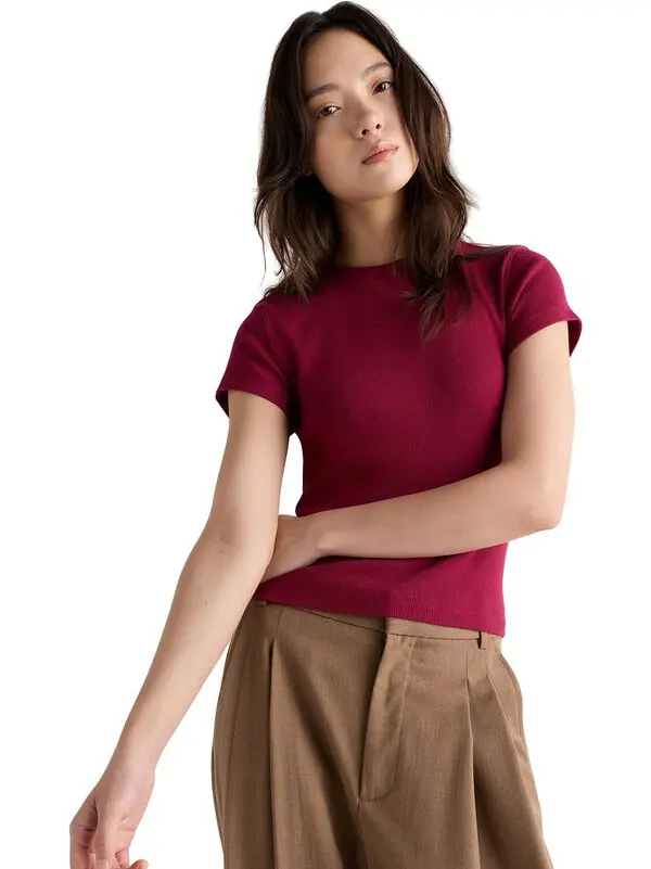 Quince Organic Cotton Micro-rib Crewneck T-shirt - Mulberry Red