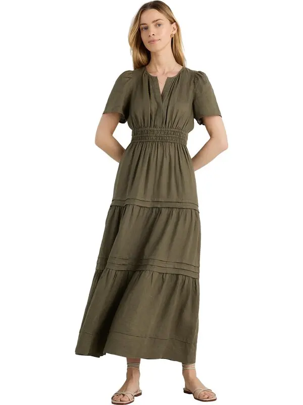 Quince 100% European Linen Tiered Maxi Dress - Bayberry Olive