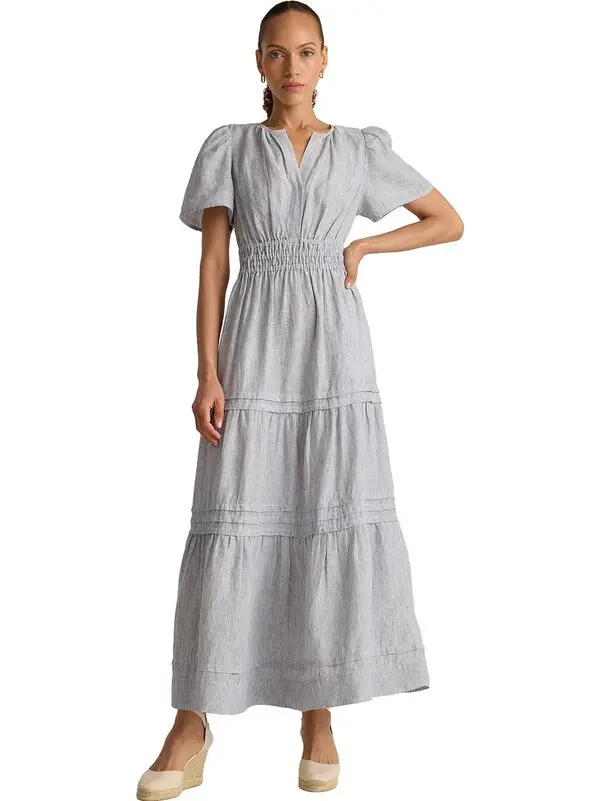 Quince 100% European Linen Tiered Maxi Dress - Blue Pinstripe