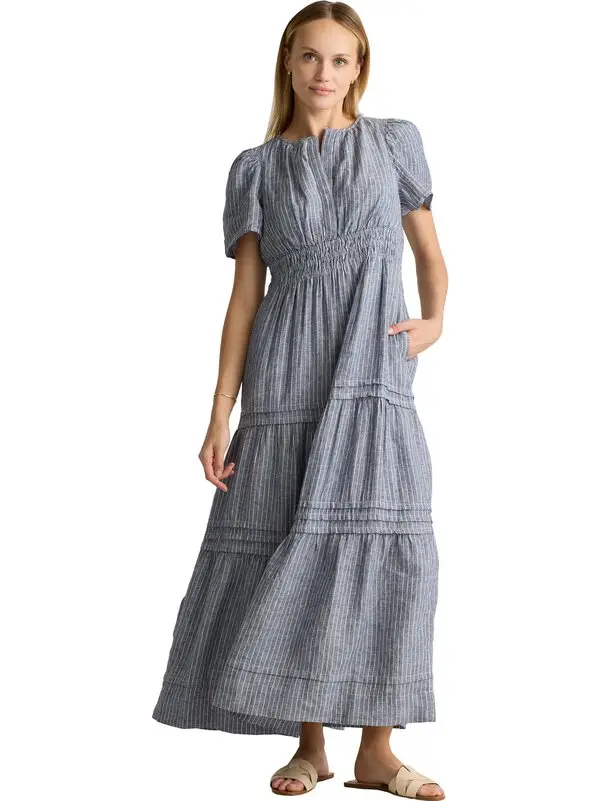 Quince 100% European Linen Tiered Maxi Dress - Chambray Stripe