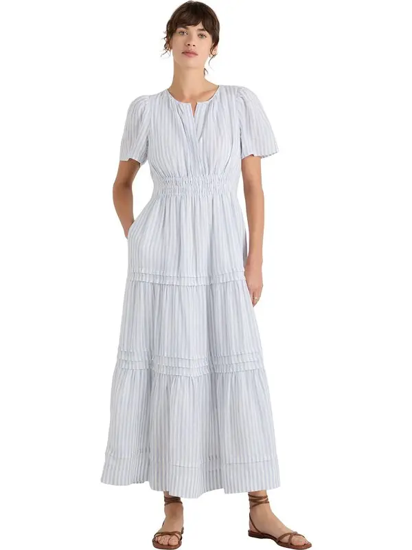 Quince 100% European Linen Tiered Maxi Dress - Sky Blue Mariner Stripe