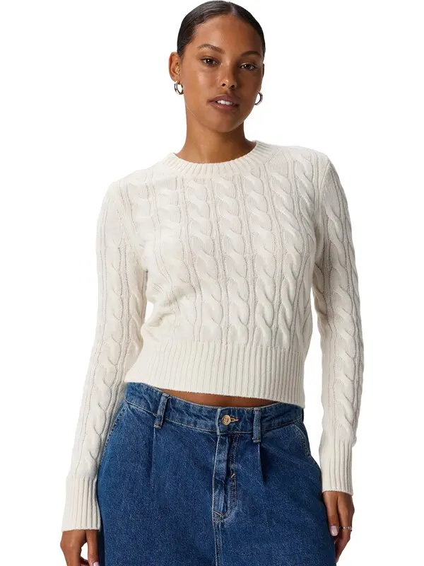 Quince Mongolian Cashmere Shrunken Cable Crewneck Sweater - Ivory