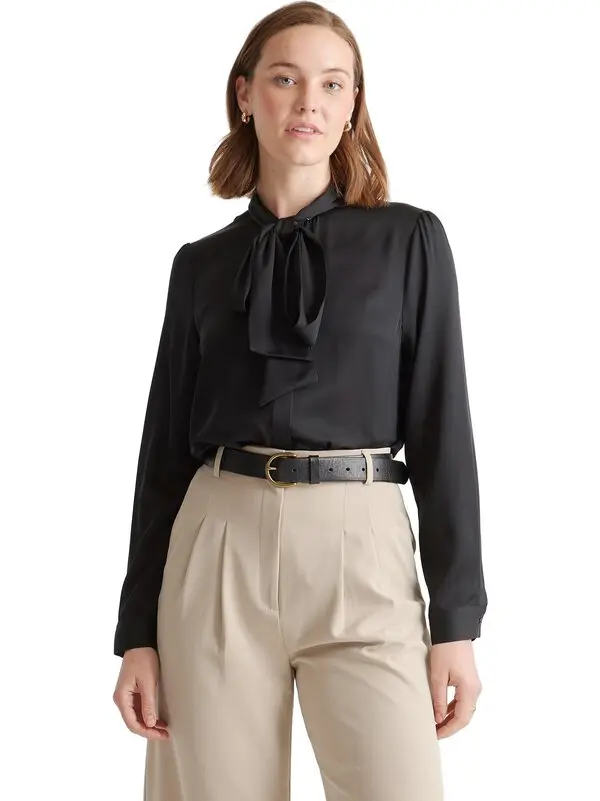 Quince Washable Stretch Silk Tie Neck Blouse - Black