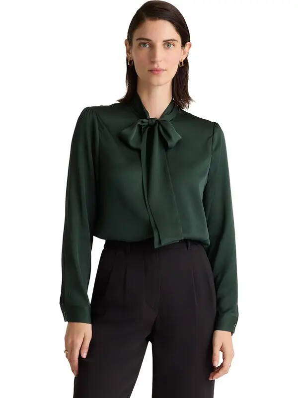 Quince Washable Stretch Silk Tie Neck Blouse - Forest Green