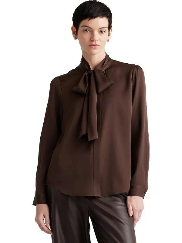 Quince Washable Stretch Silk Tie Neck Blouse - Hot Fudge